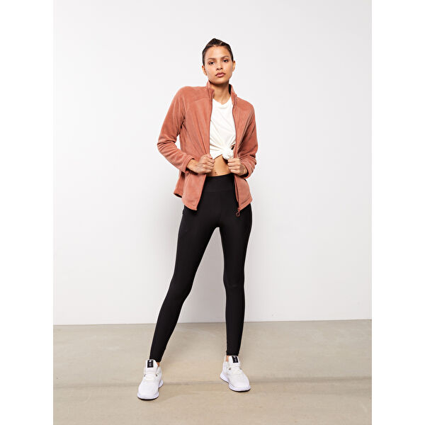 Dik Yaka Düz Uzun Kollu Kadın Spor Hırka