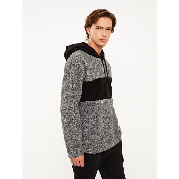 Kapüşonlu Uzun Kollu Renk Bloklu Pelüş Erkek Sweatshirt Kapüşonlu Uzun Kollu Renk Bloklu Pelüş Erkek Sweatshirt