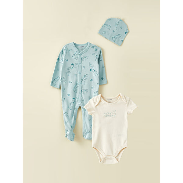 Uzun Kollu Baskılı Organik Pamuklu Erkek Bebek Hastane Çıkış Seti