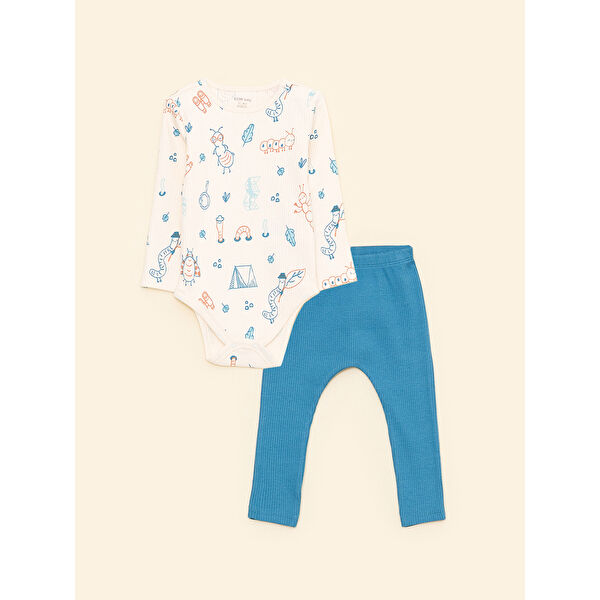 Bisiklet Yaka Uzun Kollu Baskılı Erkek Bebek Çıtçıtlı Body ve Pantolon 2'li Takım