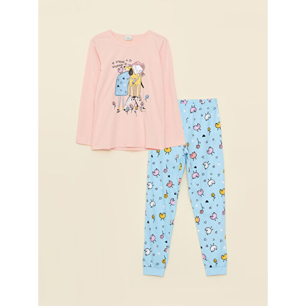 Bisiklet Yaka Baskılı Uzun Kollu Organik Pamuklu Kız Çocuk Pijama Takımı