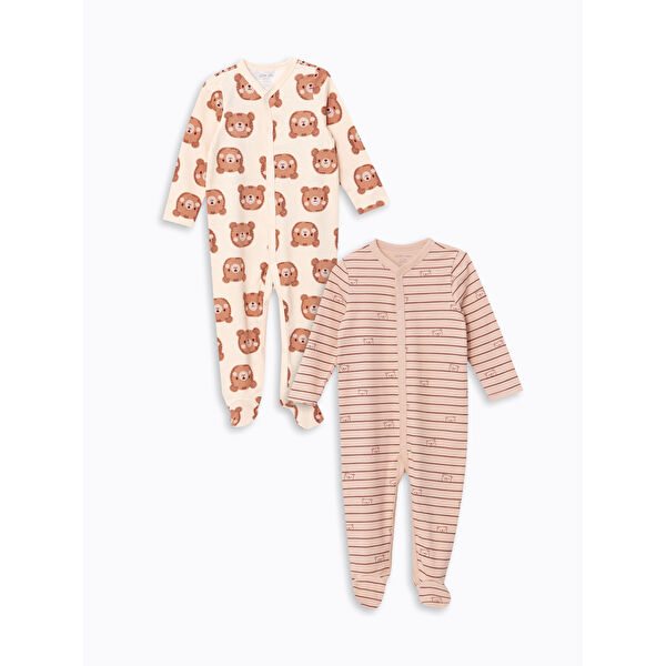 V Yaka Uzun Kollu Baskılı Erkek Bebek Tulum 2'li