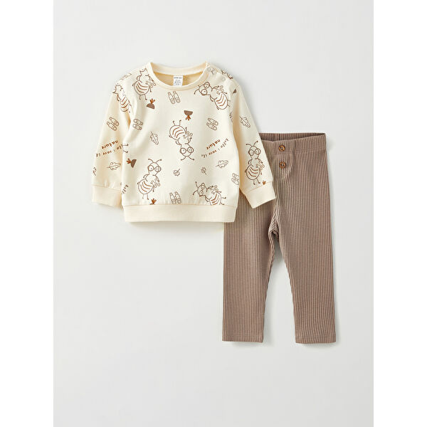 Bisiklet Yaka Uzun Kollu Baskılı Pamuklu Erkek Bebek Sweatshirt ve Tayt 2'li Takım