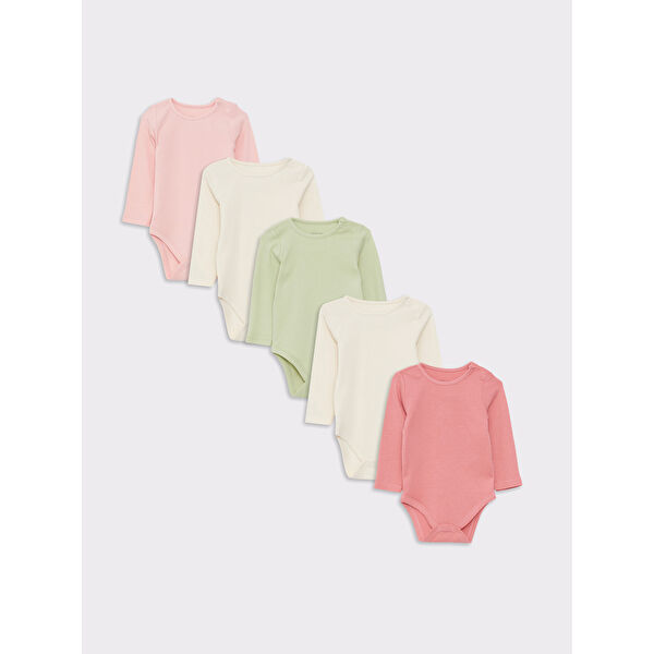 Bisiklet Yaka Uzun Kollu Basic Kız Bebek Çıtçıtlı Body 5'li
