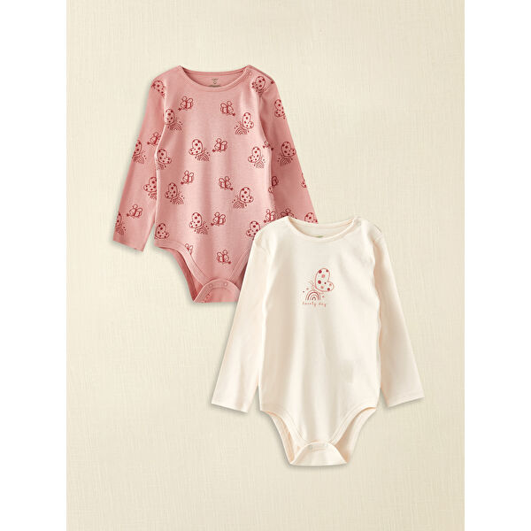 Bisiklet Yaka Uzun Kollu Baskılı Kız Bebek Çıtçıtlı Body 2'li