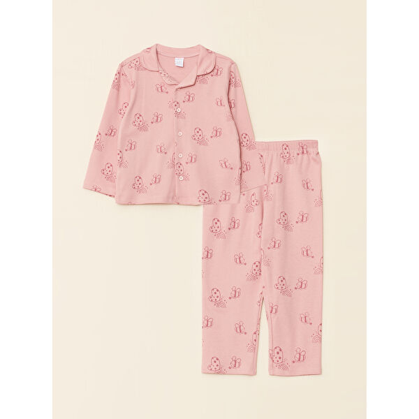 Polo Yaka Uzun Kollu Baskılı Kız Bebek Pijama Takımı 2'li