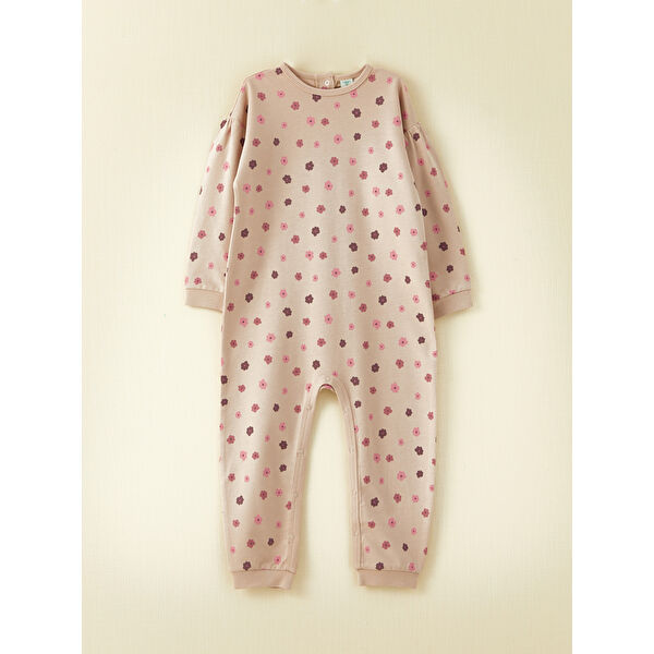 Bisiklet Yaka Uzun Kollu Desenli Organik Pamuklu Kız Bebek Tulum