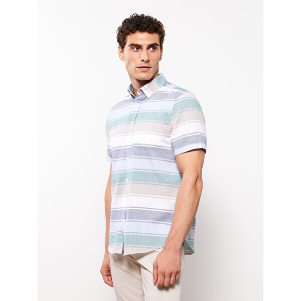 Regular Fit Kısa Kollu Çizgili Oxford Erkek Gömlek
