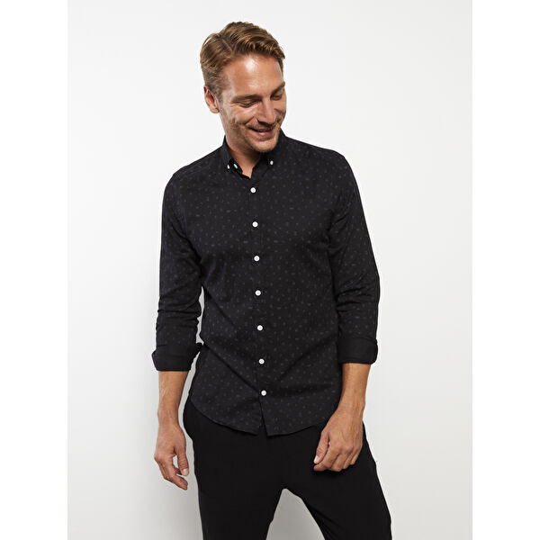 Slim Fit Uzun Kollu Desenli Gabardin Erkek Gömlek