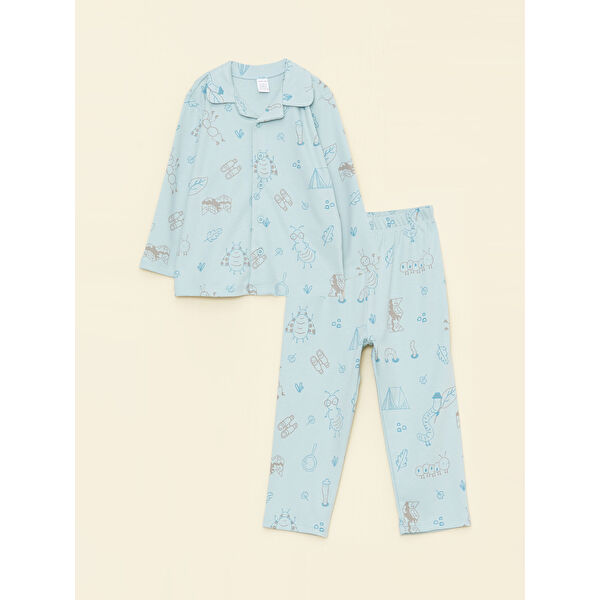 Polo Yaka Uzun Kollu Baskılı Organik Pamuklu Erkek Bebek Pijama Takımı 2'li