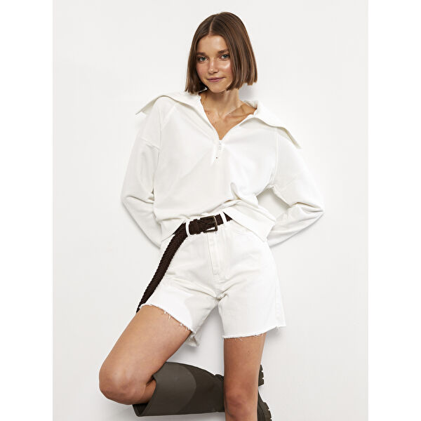 Polo Yaka Düz Uzun Kollu Kadın Sweatshirt