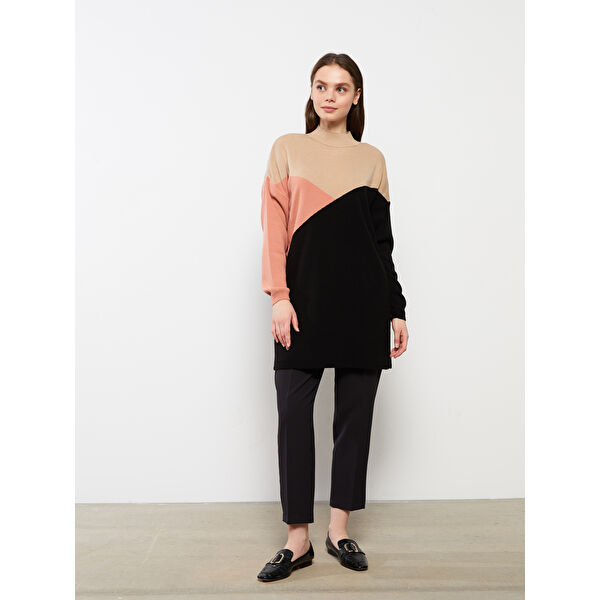 Yarım Balıkçı Yaka Renk Bloklu Uzun Kollu Kadın Triko Tunik