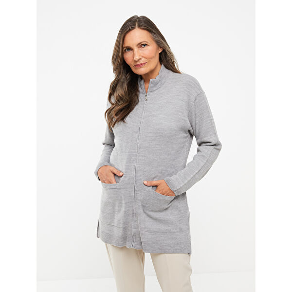 Dik Yaka Düz Uzun Kollu Kadın Triko Hırka