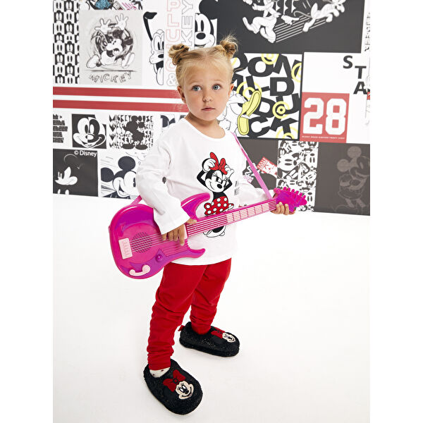 Bisiklet Yaka Uzun Kollu Minnie Mouse Baskılı Kız Bebek Pijama Takımı 2'li