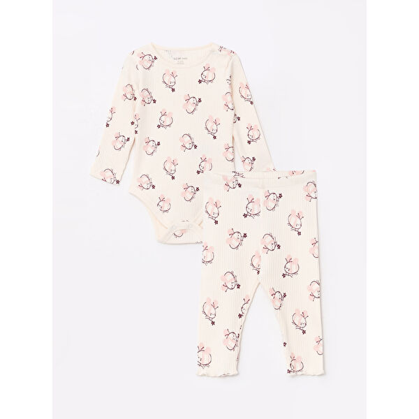 Bisiklet Yaka Uzun Kollu Baskılı Kız Bebek Çıtçıtlı Body ve Pantolon 2'li Takım