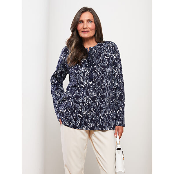 Bağlamalı Yaka Desenli Uzun Kollu Pamuklu Kadın Bluz