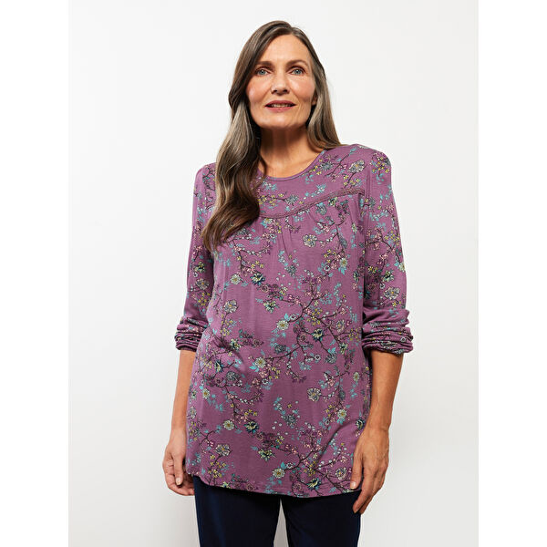 Bisiklet Yaka Çiçekli Uzun Kollu Kadın Tişört