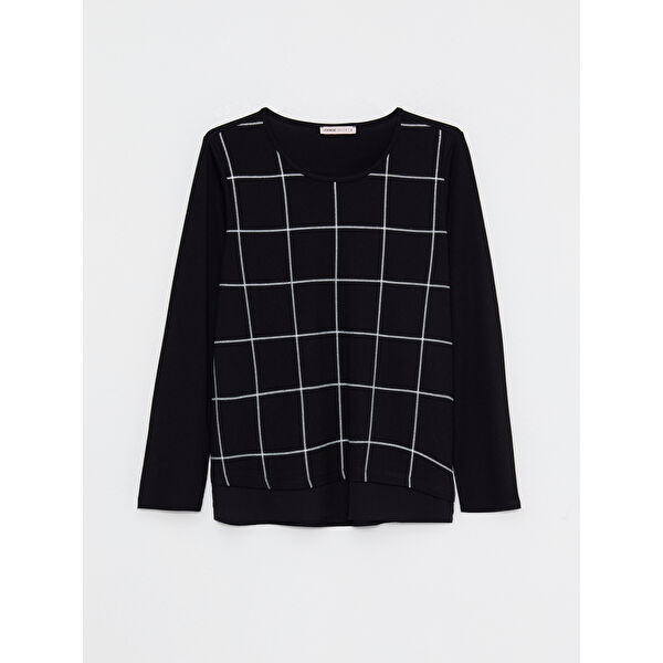 Bisiklet Yaka Ekoseli Uzun Kollu Kadın Bluz