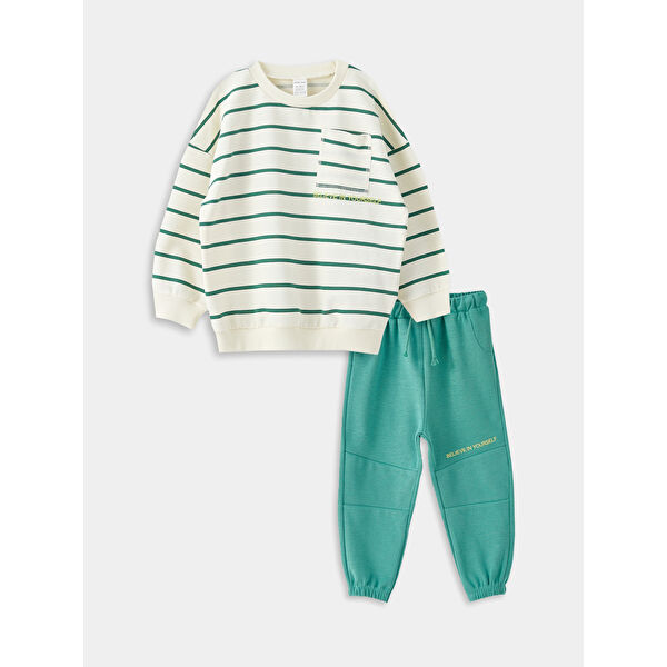 Bisiklet Yaka Uzun Kollu Çizgili Erkek Bebek Sweatshirt ve Eşofman Alt 2'li Takım