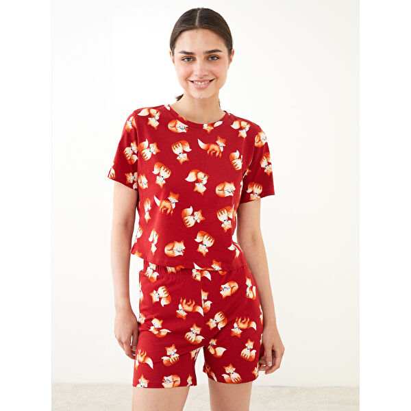 Bisiklet Yaka Desenli Kısa Kollu Pamuklu Kadın Pijama Takımı Bisiklet Yaka Desenli Kısa Kollu Pamuklu Kadın Pijama Takımı