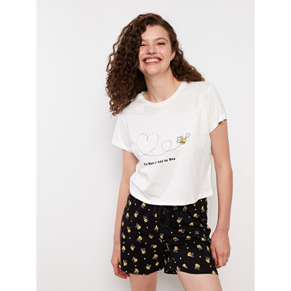 Bisiklet Yaka Baskılı Kısa Kollu Pamuklu Kadın Pijama Takımı