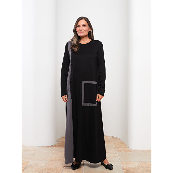 Bisiklet Yaka Renk Bloklu Uzun Kollu A Kesim Kadın Elbise