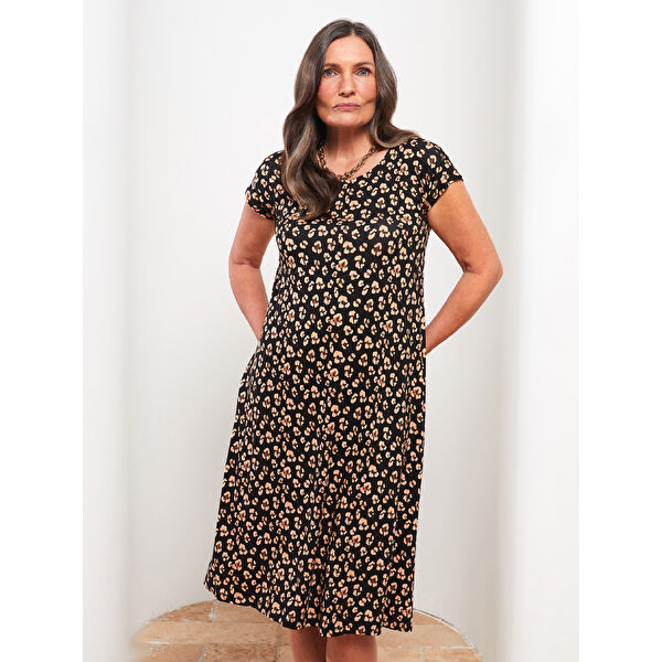 Bisiklet Yaka Desenli Kısa Kollu Kadın Elbise