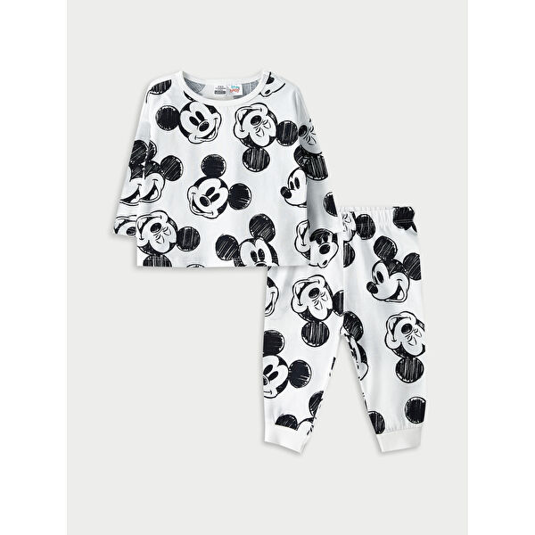 Bisiklet Yaka Uzun Kollu Mickey Mouse Baskılı Erkek Bebek Pijama Takımı 2'li