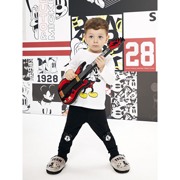 Bisiklet Yaka Uzun Kollu Mickey Mouse Baskılı Erkek Bebek Pijama Takımı 2'li