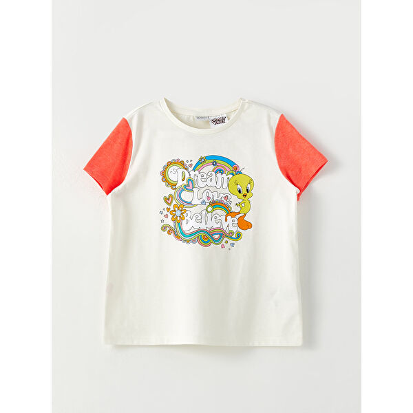 Bisiklet Yaka Tweety Baskılı Kısa Kollu Kız Çocuk Tişört