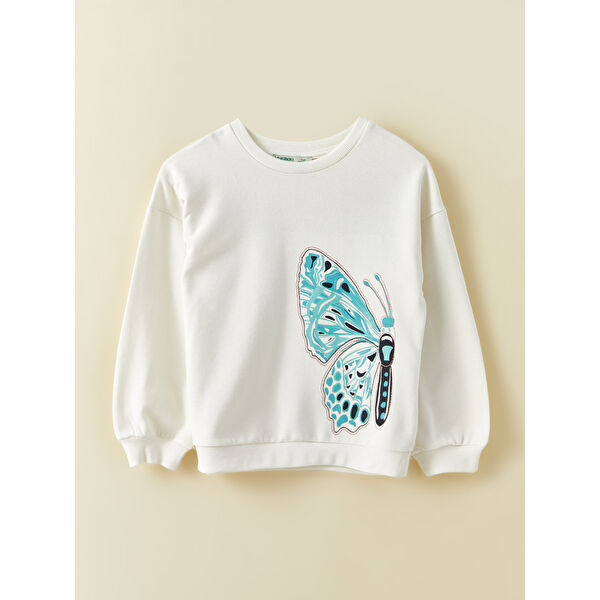 Bisiklet Yaka Baskılı Uzun Kollu Organik Pamuklu Kız Çocuk Sweatshirt