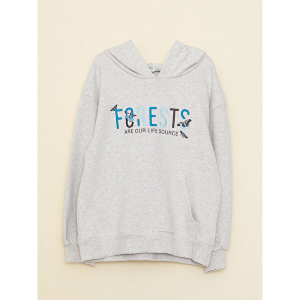 Kapüşonlu Baskılı Uzun Kollu Organik Pamuklu Kız Çocuk Sweatshirt