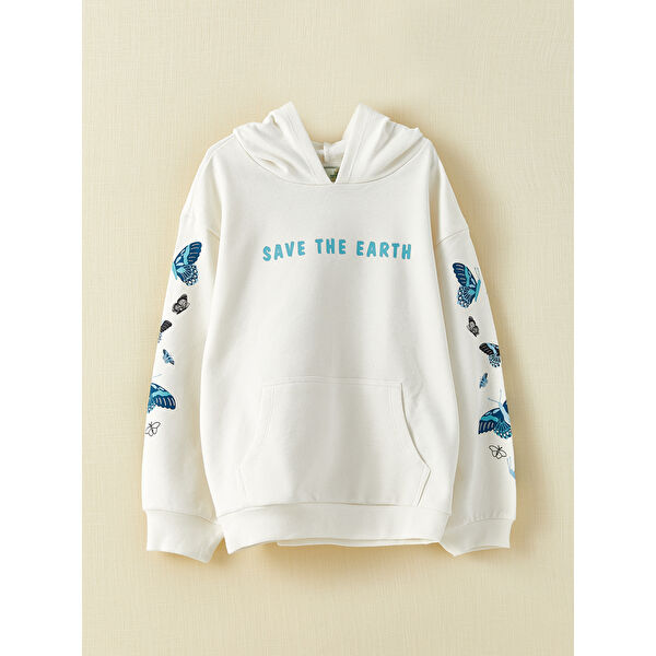 Kapüşonlu Baskılı Uzun Kollu Organik Pamuklu Kız Çocuk Sweatshirt