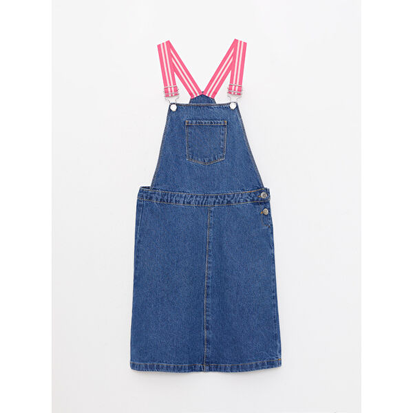 Kare Yaka Basic Askılı Kız Çocuk Jean Salopet Elbise