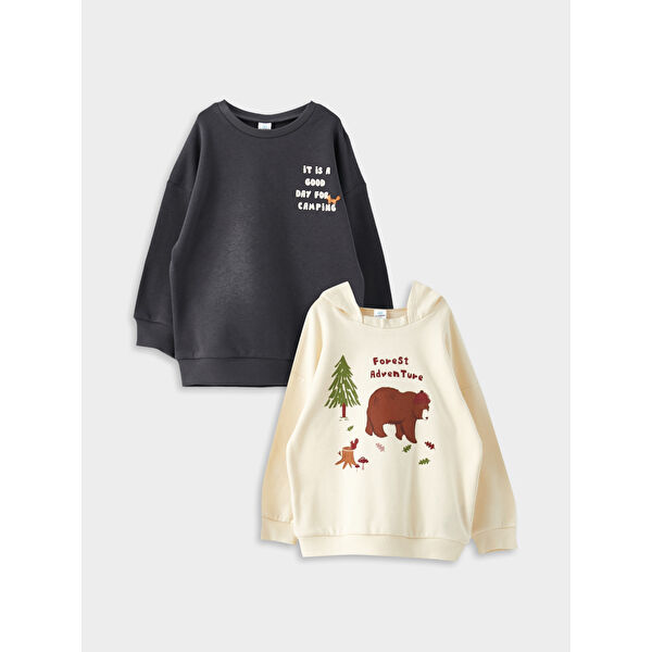 Uzun Kollu Baskılı Pamuklu Erkek Bebek Sweatshirt 2'li