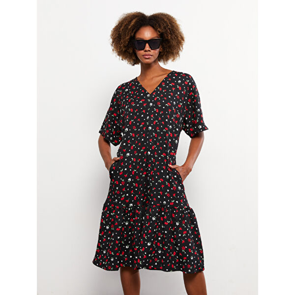 V Yaka Çiçekli Kısa Kollu Kadın Elbise