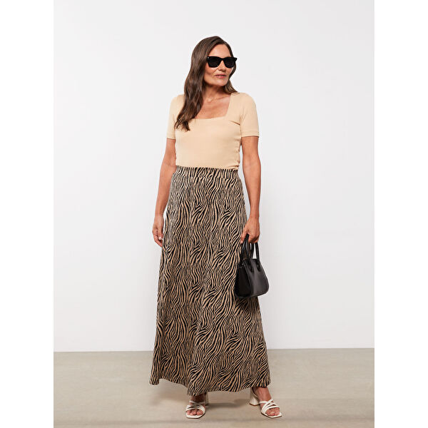 Beli Lastikli Desenli Ponte Kadın Kloş Etek