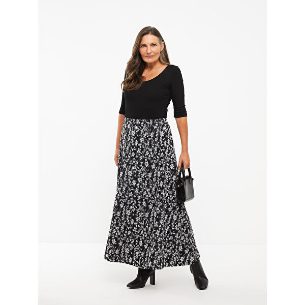 Beli Lastikli Desenli Ponte Kadın Kloş Etek