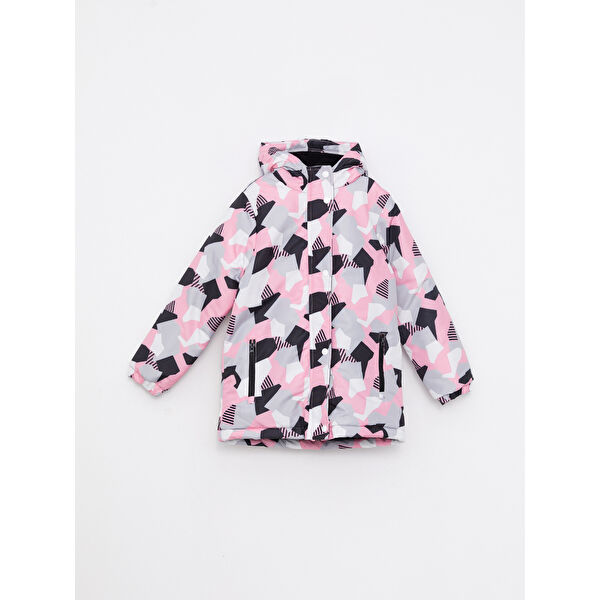 Kapüşonlu Desenli Kız Çocuk Mont