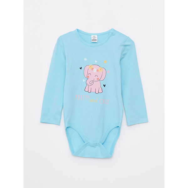 Bisiklet Yaka Uzun Kollu Baskılı Kız Bebek Çıtçıtlı Body
