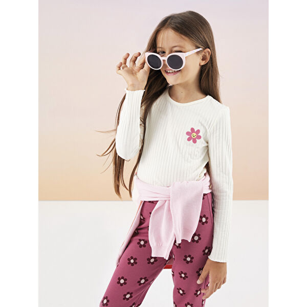 Bisiklet Yaka Nakışlı Uzun Kollu Kız Çocuk Tişört