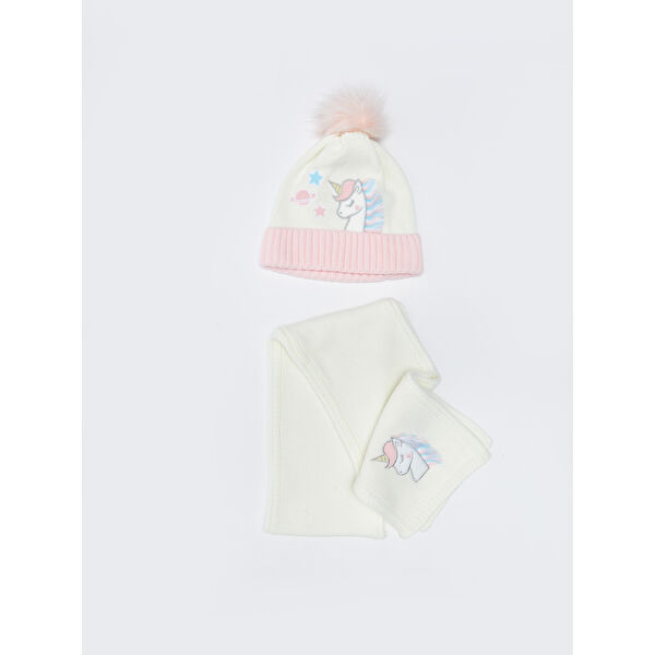 Unicorn Nakışlı Kız Çocuk Atkı ve Bere