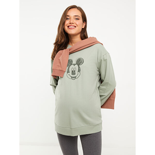 Bisiklet Yaka Mickey Mouse Baskılı Uzun Kollu Hamile Sweatshirt