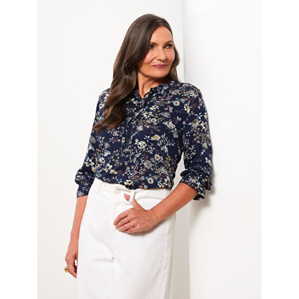 Bağlamalı Yaka Desenli Uzun Kollu Kadın Bluz