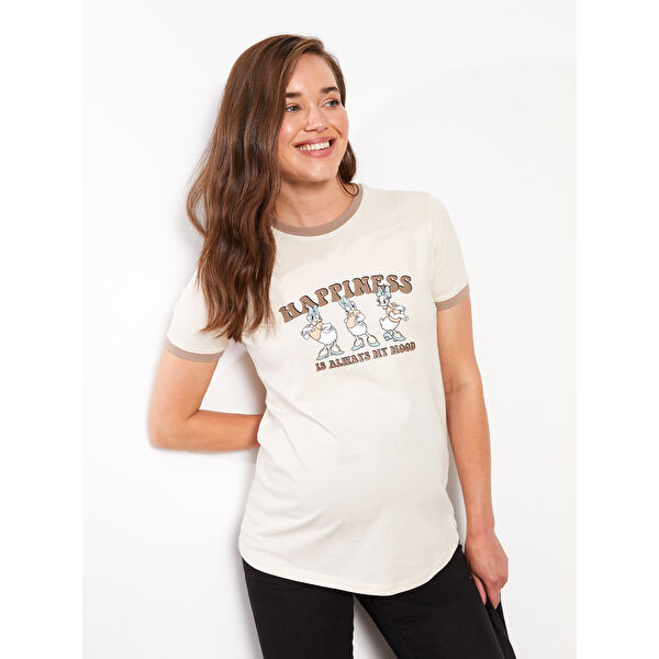 Bisiklet Yaka Baskılı Kısa Kollu Hamile Tişört