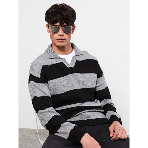 Polo Yaka Uzun Kollu Çizgili Erkek Kazak