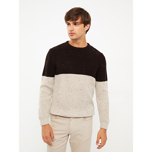 Bisiklet Yaka Uzun Kollu Renk Bloklu Erkek Triko Kazak