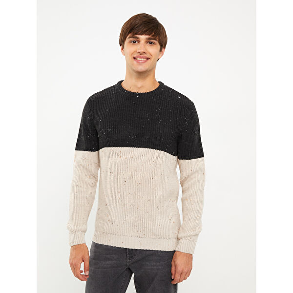 Bisiklet Yaka Uzun Kollu Renk Bloklu Erkek Triko Kazak