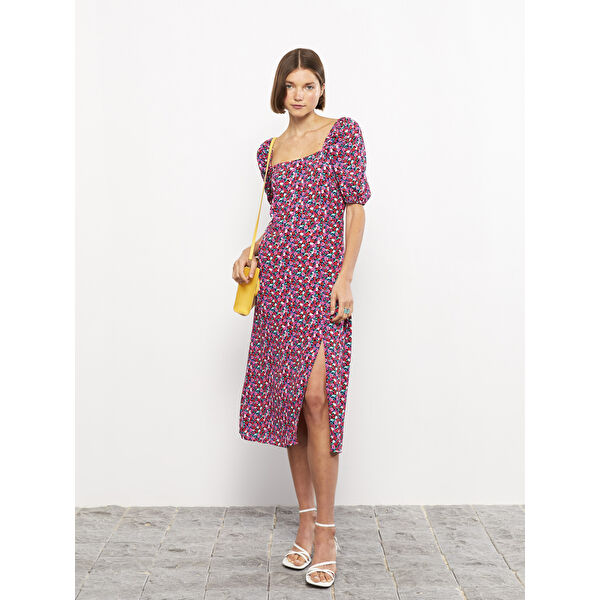 Kare Yaka Desenli Balon Kollu Viskon Kadın Elbise Kare Yaka Desenli Balon Kollu Viskon Kadın Elbise