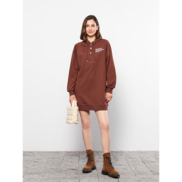 Kapüşonlu Baskılı Uzun Kollu Kadın Elbise